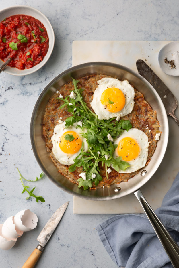 Fried Eggs on Rösti Potatoes with Shakshuka Sauce | Salt and Serenity